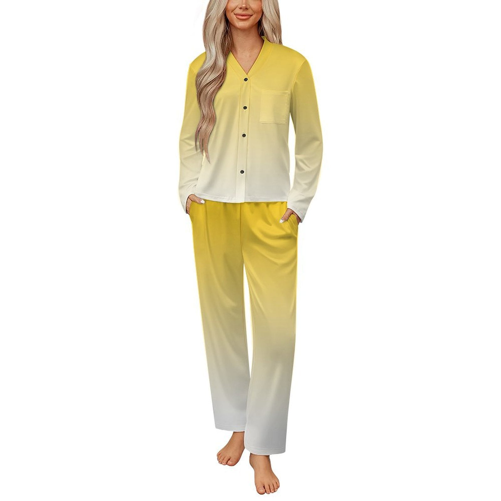 Aesthetic Signal Yellow And White Gradient Womens Pyjamas Set Button Up ...