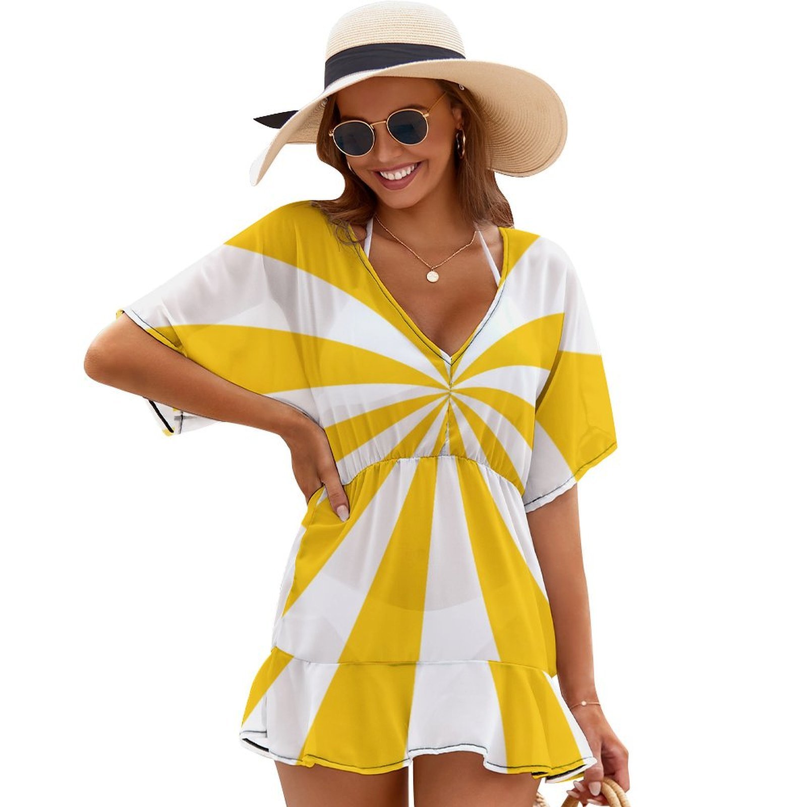 Aesthetic Signal Yellow And White Sunburst Beach Cover Ups Women V Neck ...