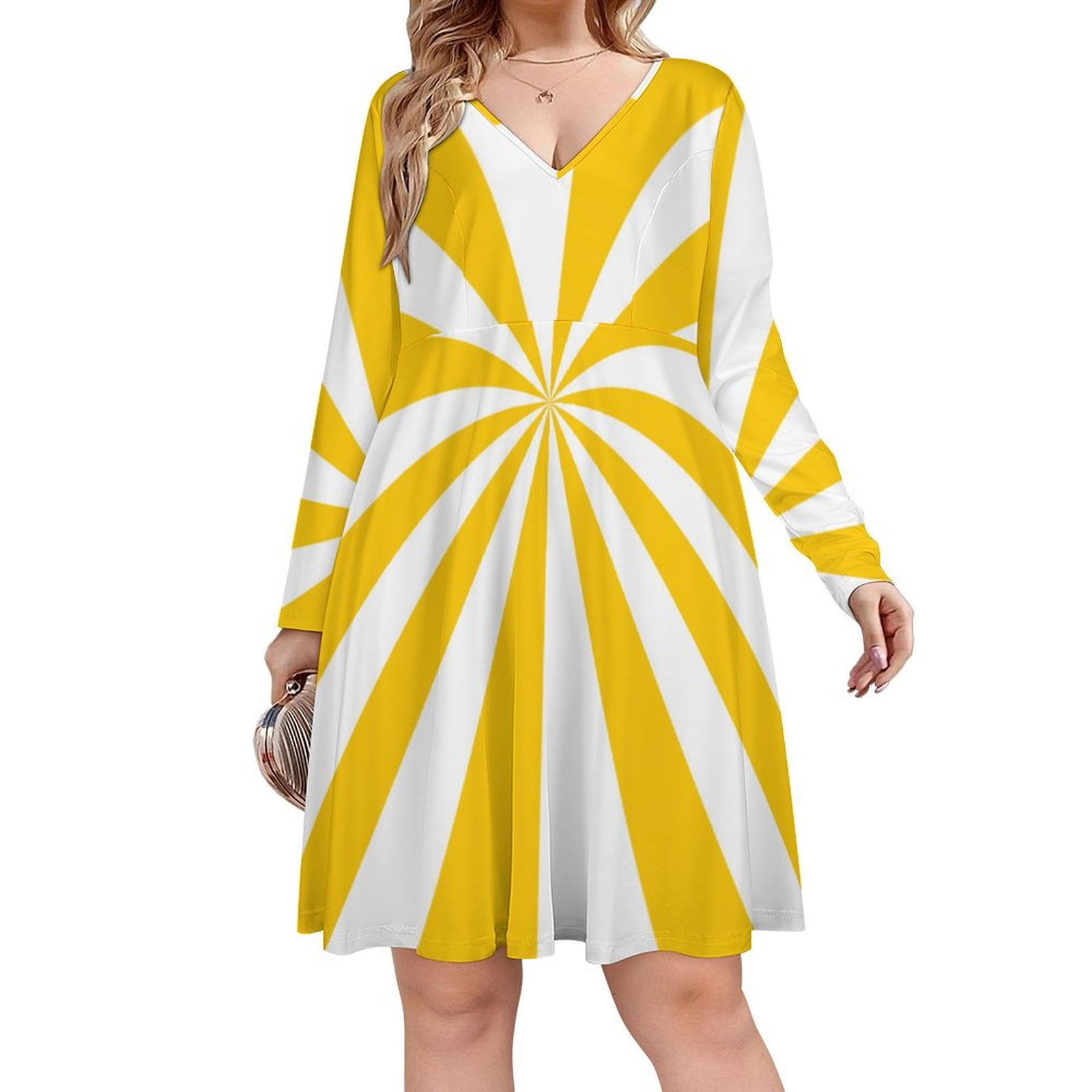 Aesthetic Signal Yellow And White Sunburst Long Sleeve Dresses For Women Vintage Elegant Party ...