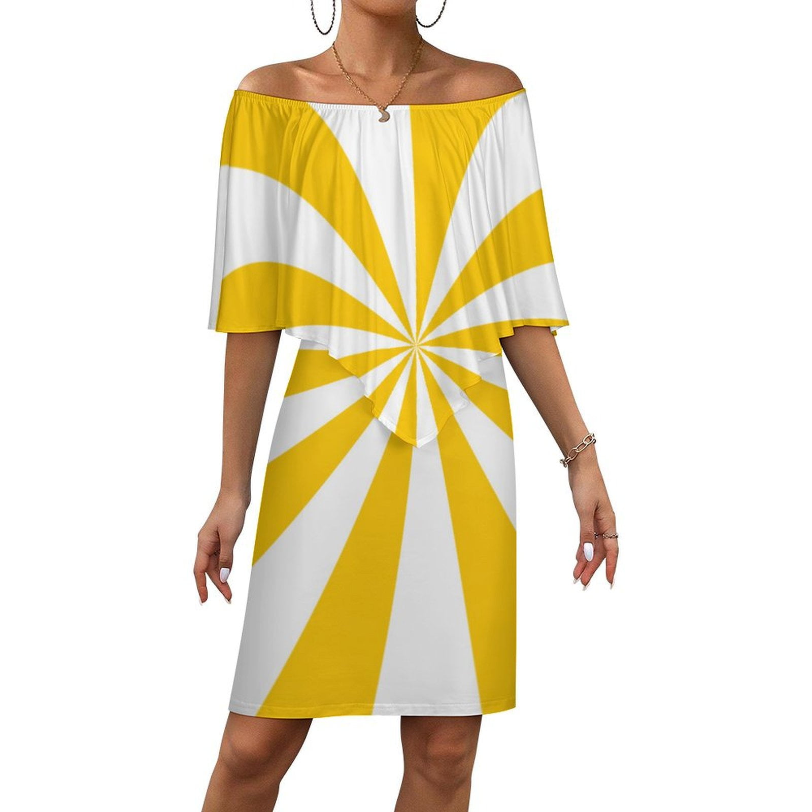 Aesthetic Signal Yellow And White Sunburst Women's Off The Shoulder Ruffles Summer Wedding Guest ...