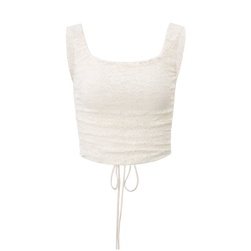 Aesthetic Square-neck Bandage Backless Tank Top With Lace Texture Mesh ...