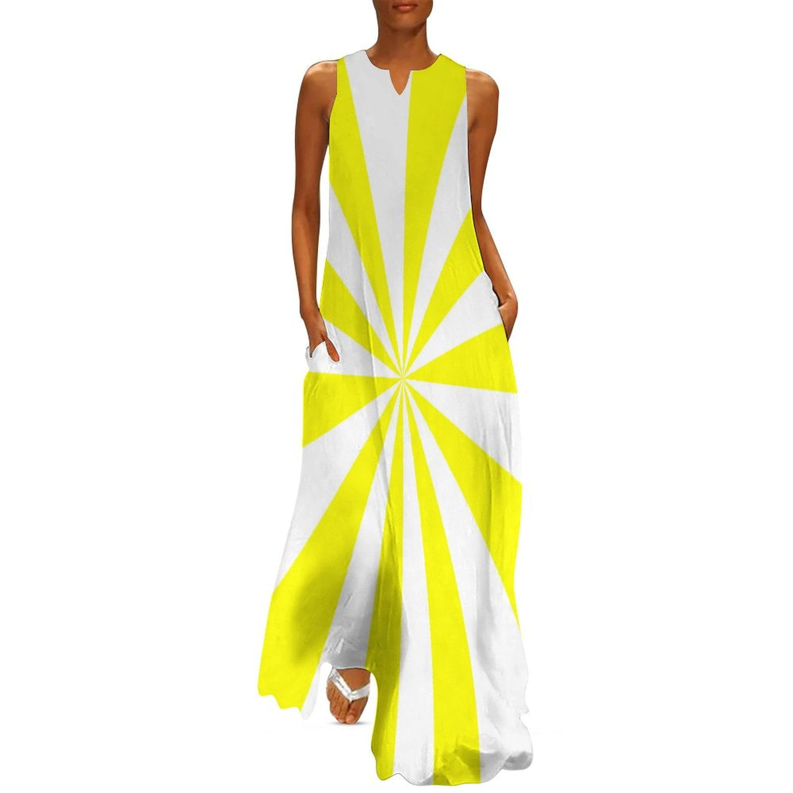 Aesthetic Sulphur Yellow And White Sunburst Long Dress Women's Summer Dress Elegant Guest ...