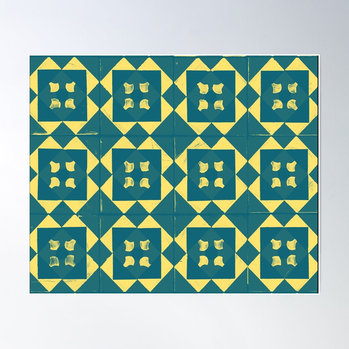 Aesthetic Teal Blue & Pastel Yellow Geometric Mandala Pattern Poster ...