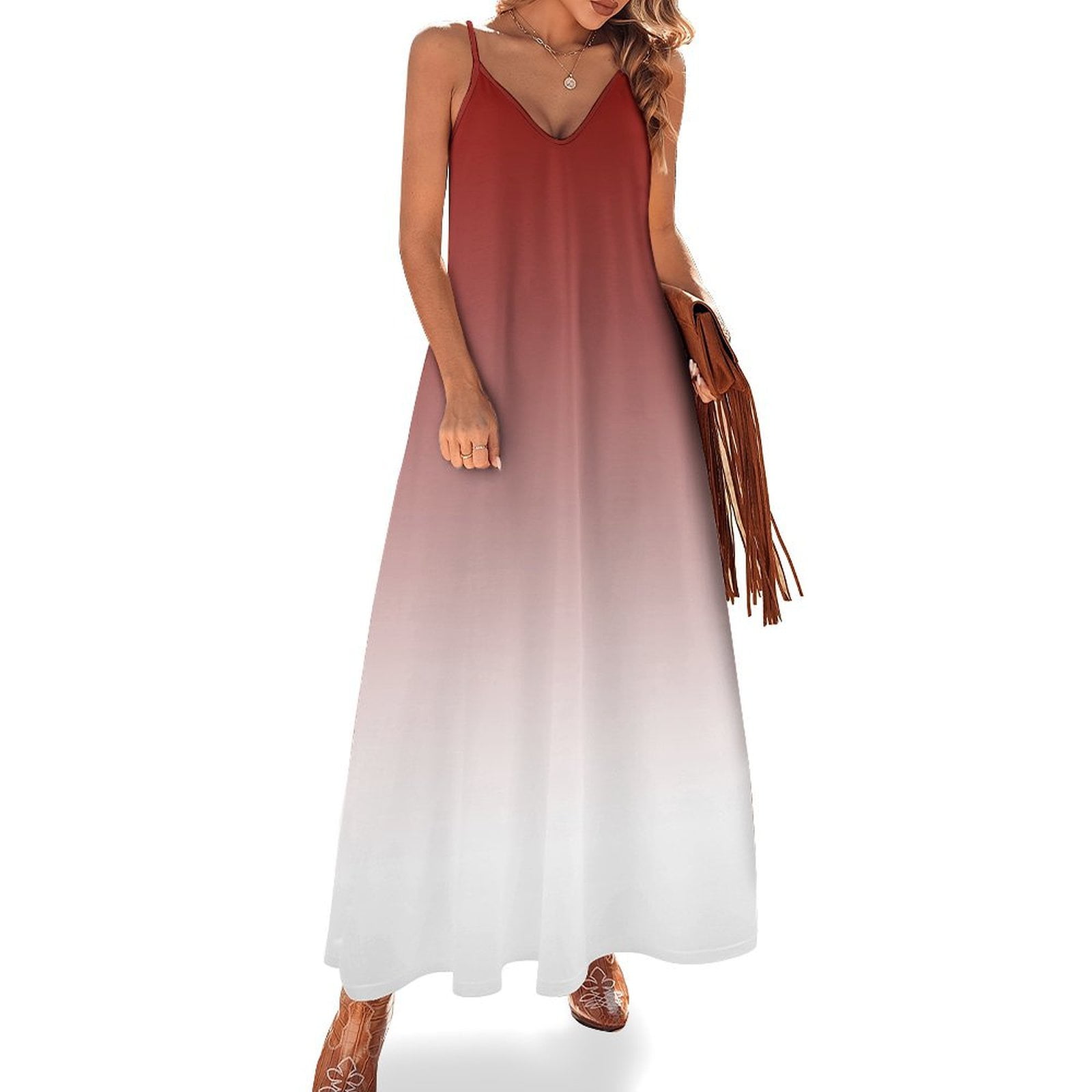 Aesthetic Tomato Red And White Gradient Sleeveless Dress loose women's dress cocktail dresses ...