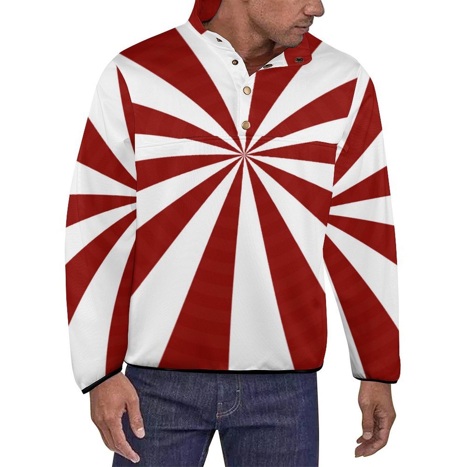 Aesthetic Tomato Red And White Sunburst Men's Stand Collar Sweater Long ...