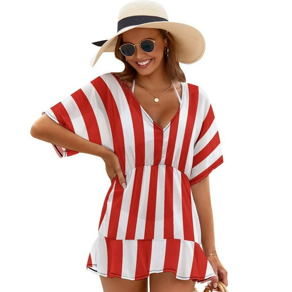 Aesthetic Traffic Red And White Vertical Beach Cover Ups Women V Neck ...