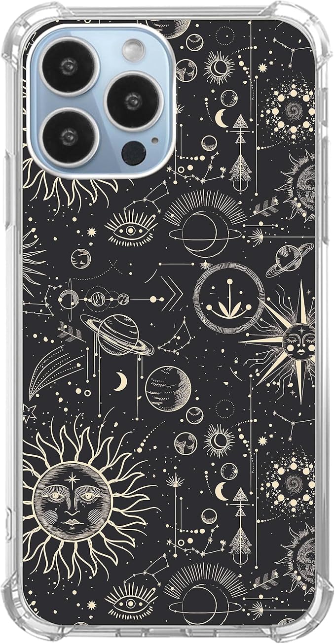 Aesthetic Trippy Esoteric Phone Case for iPhone 13 Pro Max, Hippie Black Celestial Sun Moon Star ...