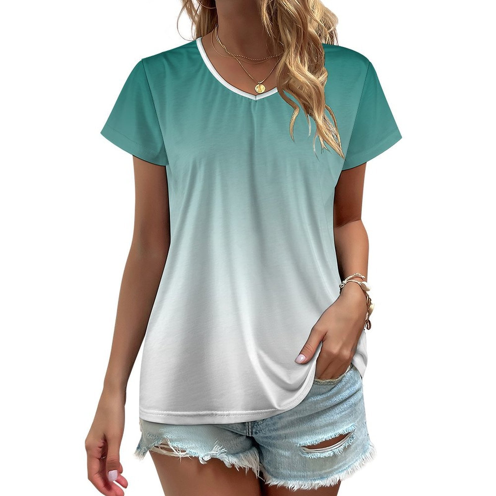 Aesthetic Water Blue And White Gradient Women's Blouse Short Sleeve ...