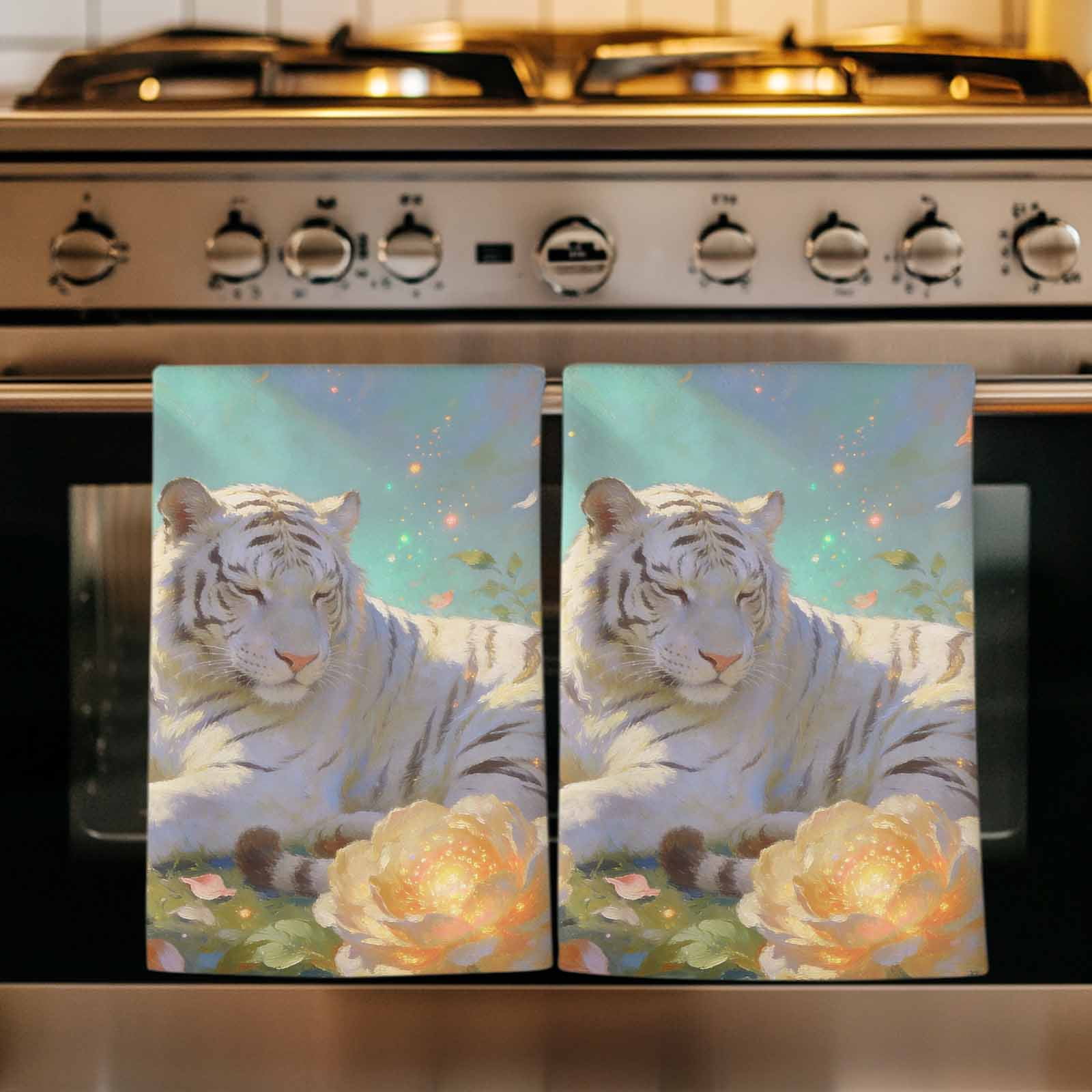 Aesthetic White Tiger Kitchen Towels Set of 2, Abstract Art Floral ...