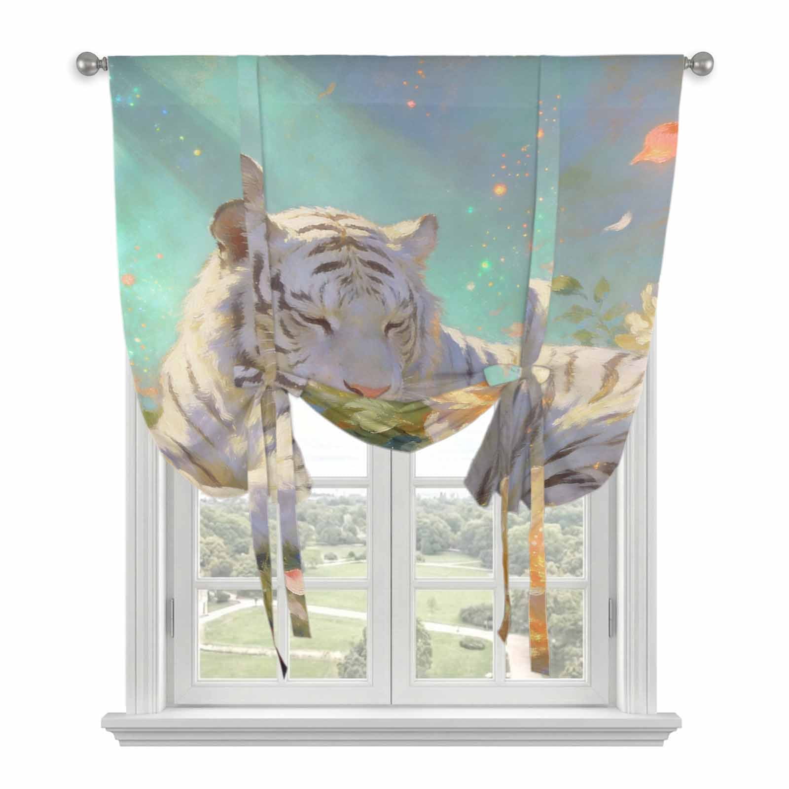 Aesthetic White Tiger Tie Up Curtains for Window, Thermal Insulated ...