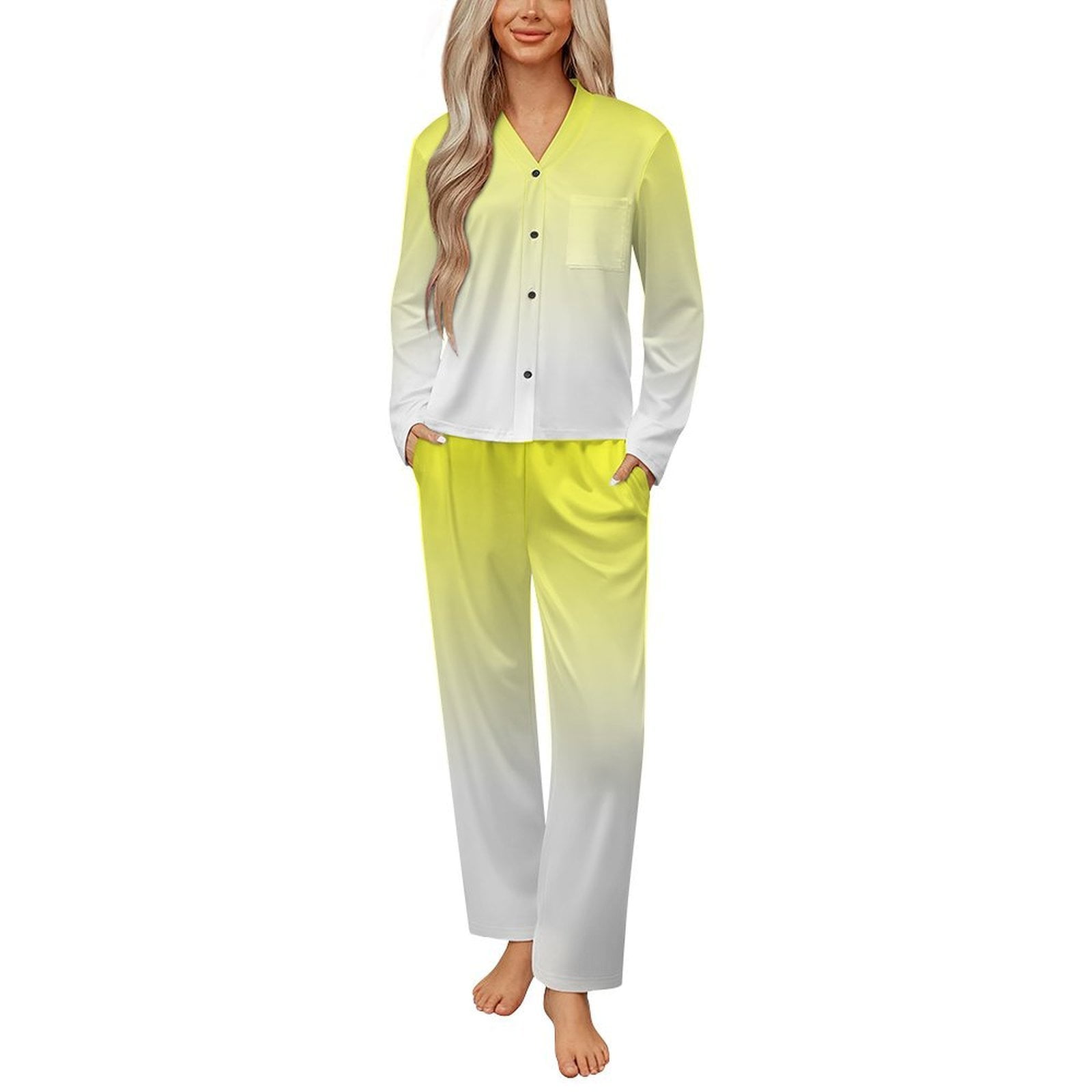 Aesthetic Yellow And White Gradient Womens Pyjamas Set Button Up ...