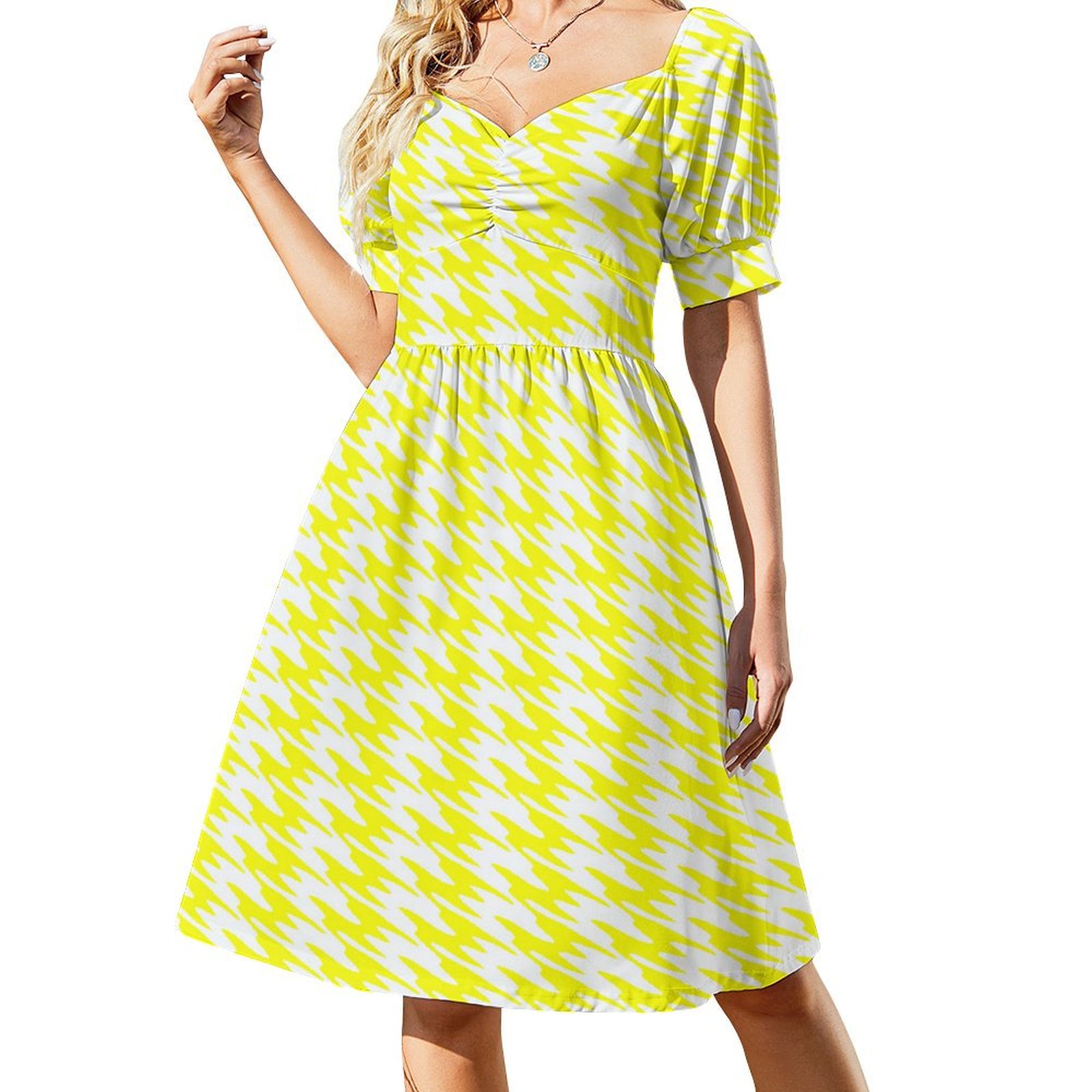Aesthetic Yellow And White Ripple Short Sleeve Dress Clothes Women's ...