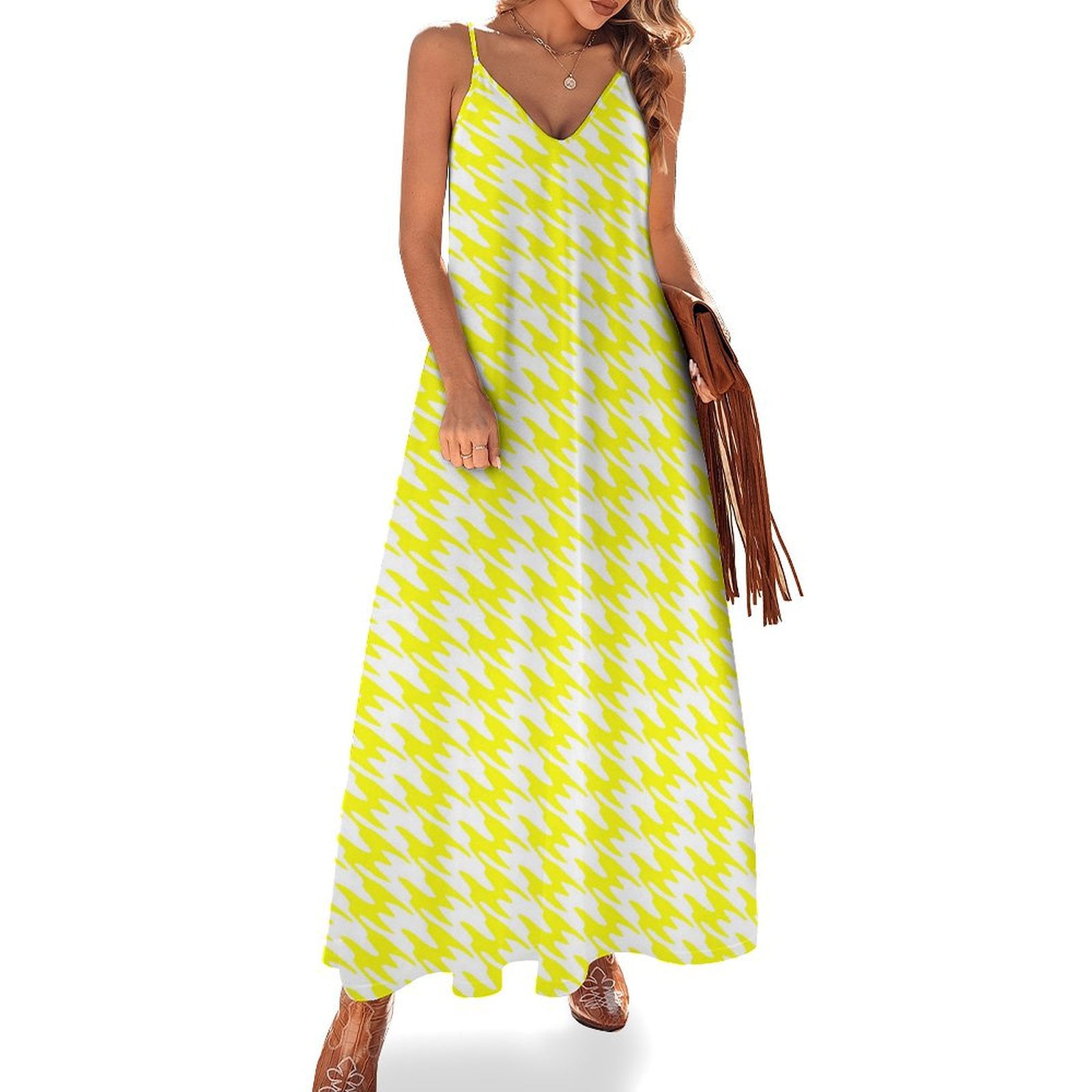 Aesthetic Yellow And White Ripple Sleeveless Dress loose women's dress cocktail dresses skirt ...