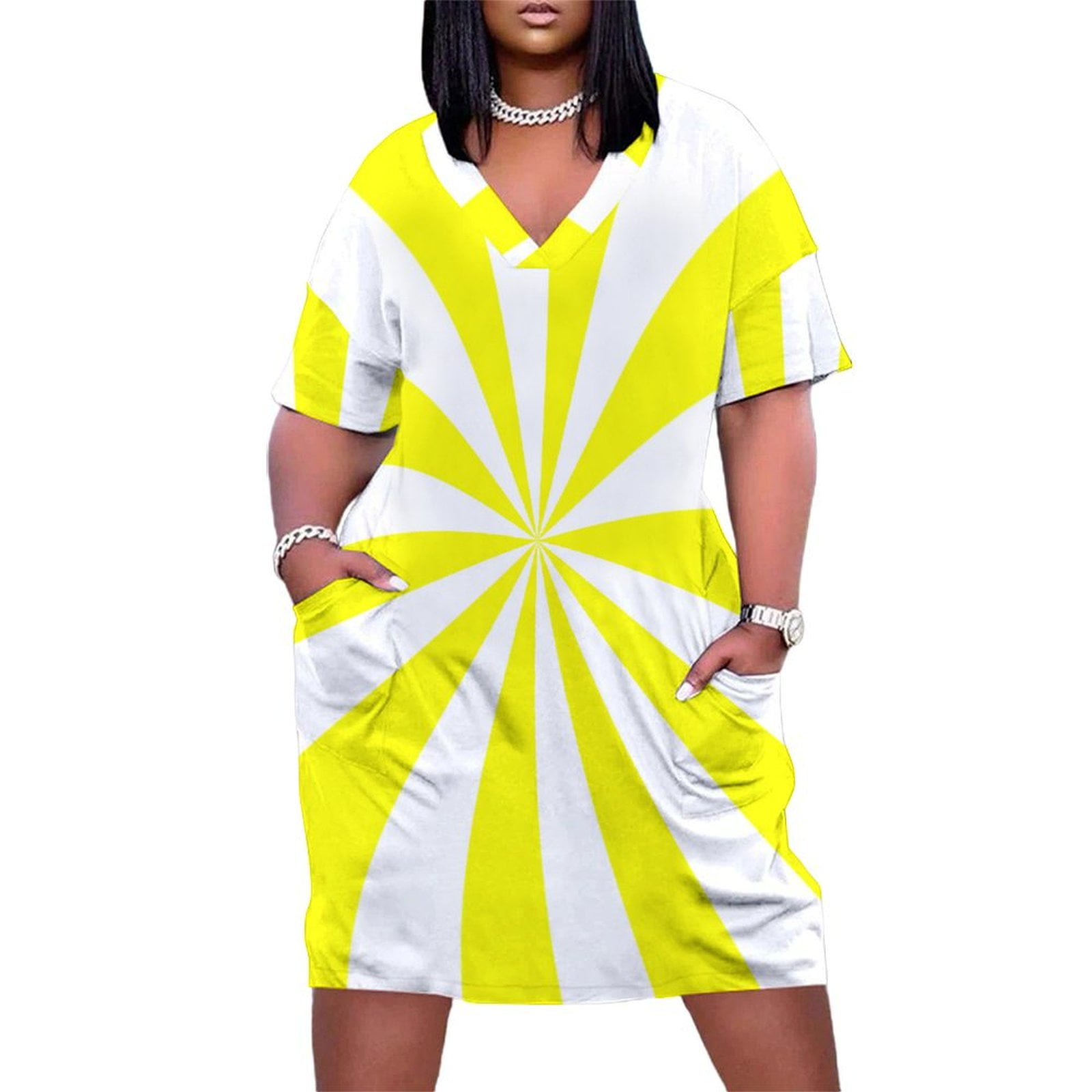 Aesthetic Yellow And White Sunburst Summer Dresses for Women Plus Size ...