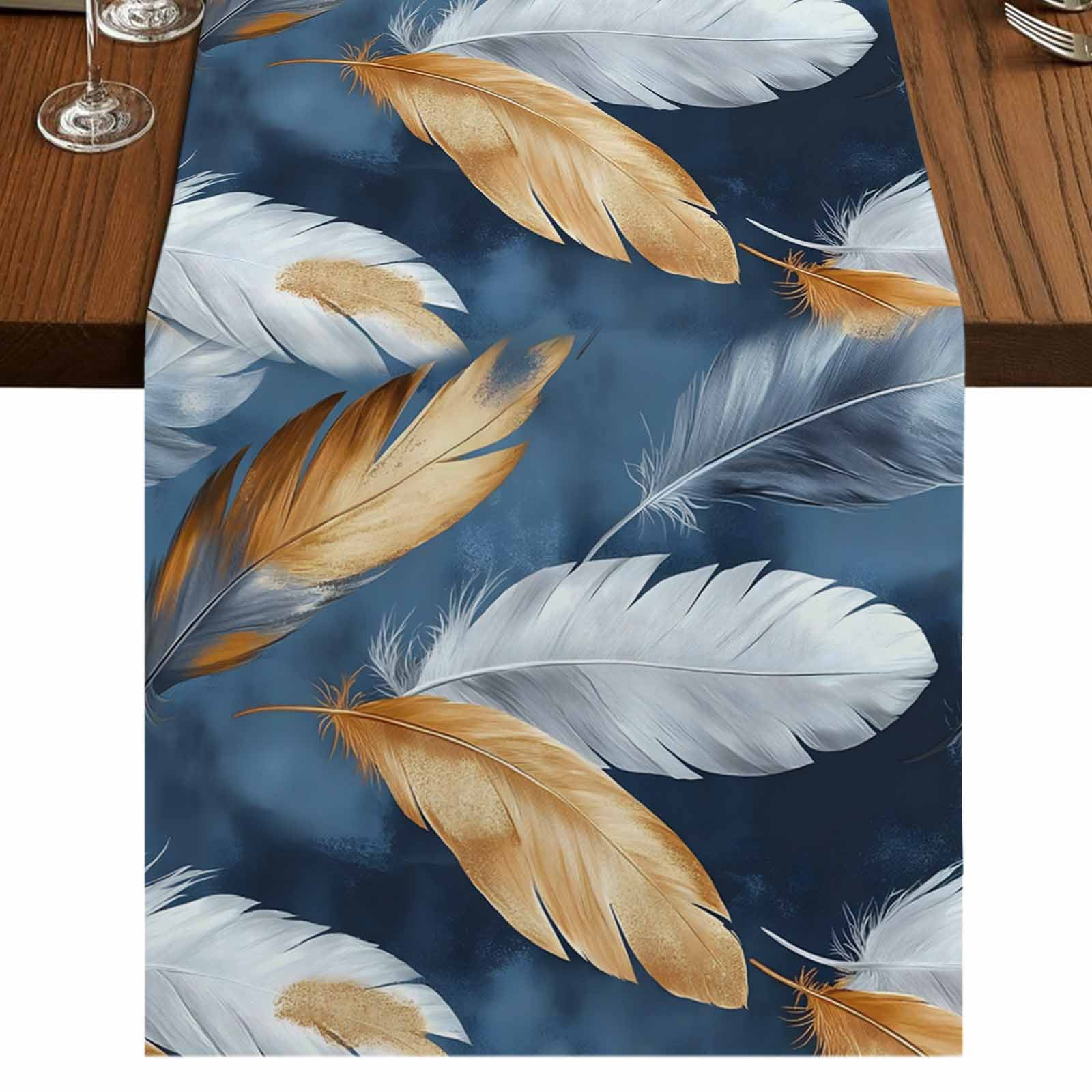 Aesthetics Feather 108 Inch Table Runner, Gold Blue White Modern Art ...