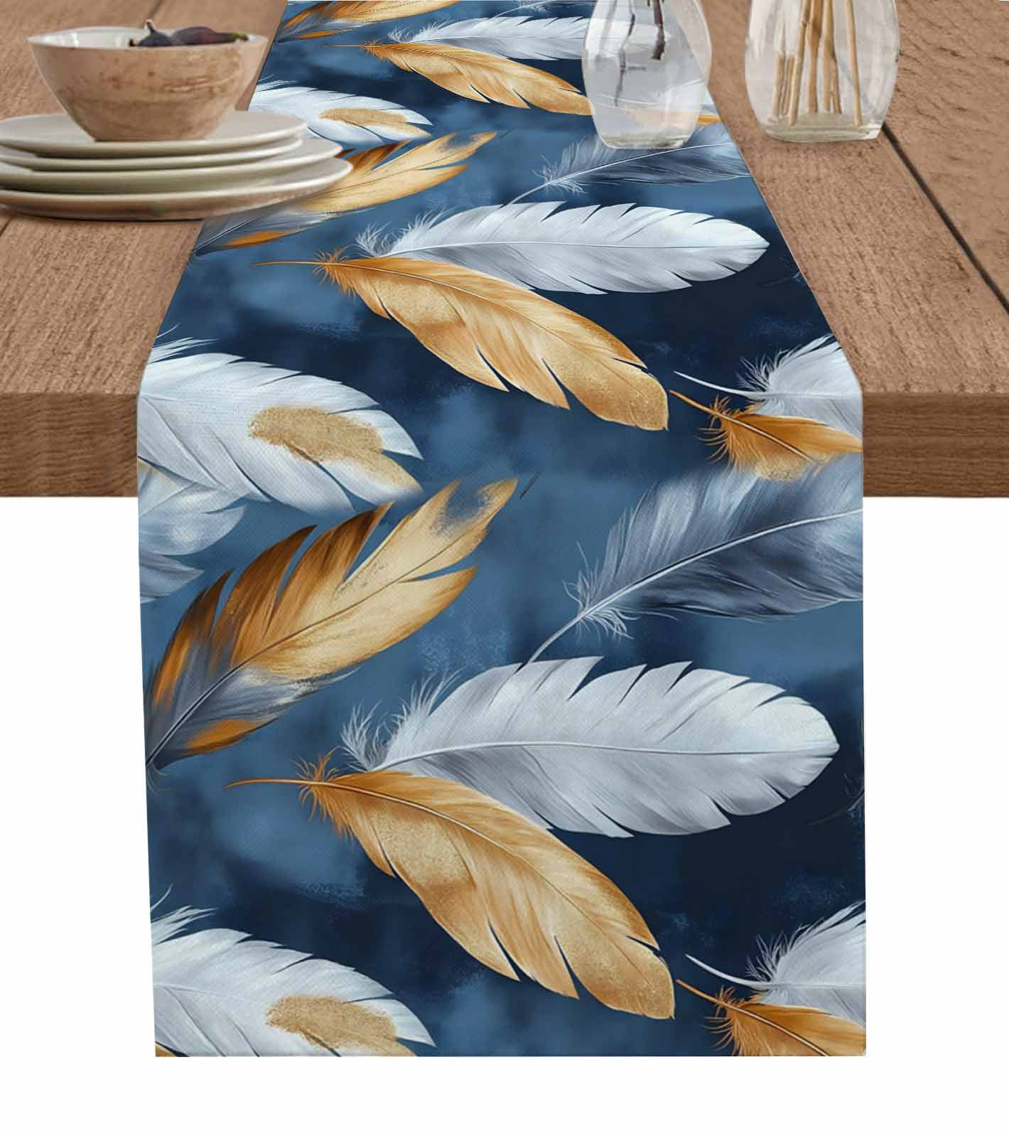 Aesthetics Feather Table Runner 48 Inches, Gold Blue White Modern Art Painting Bed Runner ...