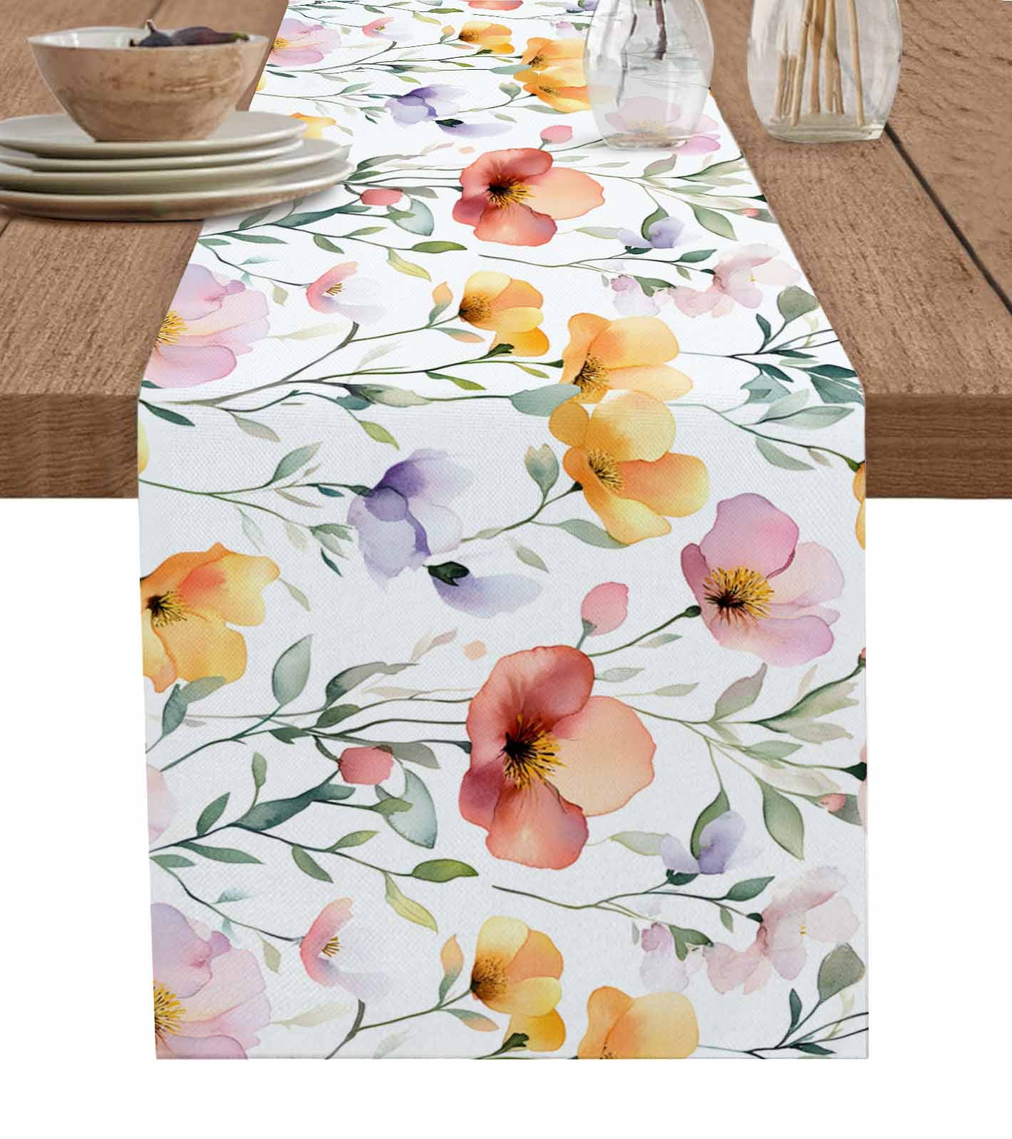 Aesthetics Flower Table Runner 72 Inches, Abstract Country Leaf Floral ...