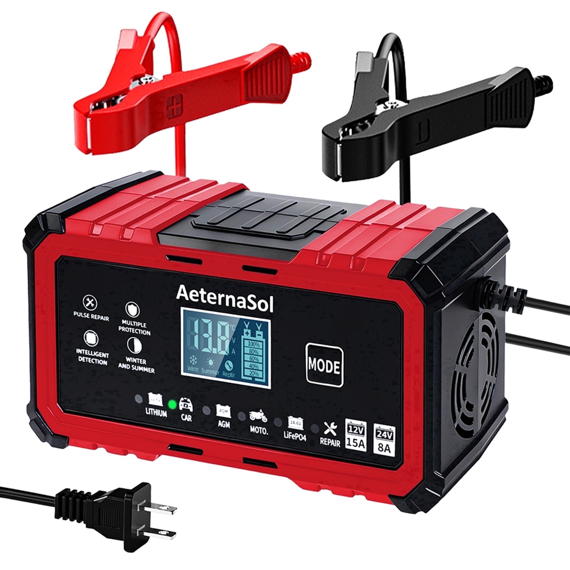 AeternaSol 15A Smart Battery Charger, 12V/24V 10-Stage Maintainer w ...