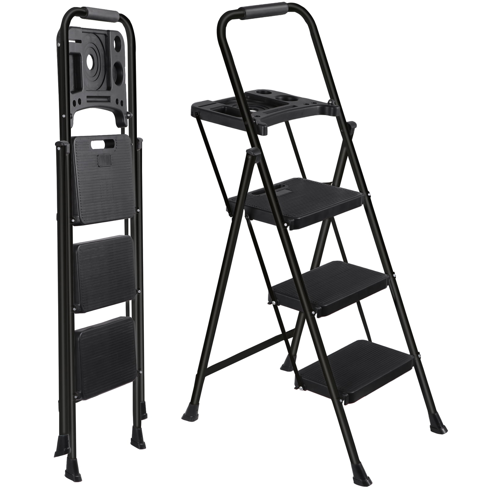 AetherLove 3-Step Steel Ladder with Project Tray, Folding Step Stool ...