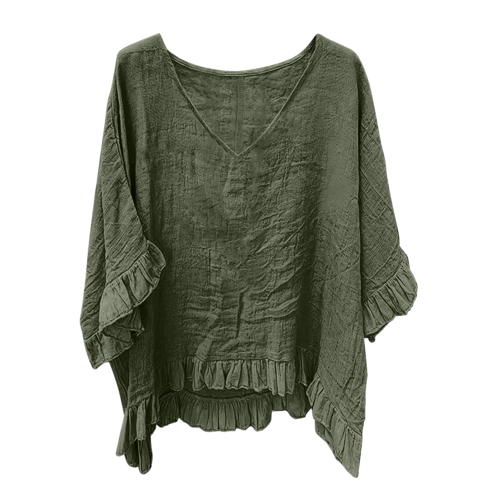 Aezemi 3/4 Sleeve V Neck Tees Women, Ruffle Hem Cuff Loose Fit Casual ...