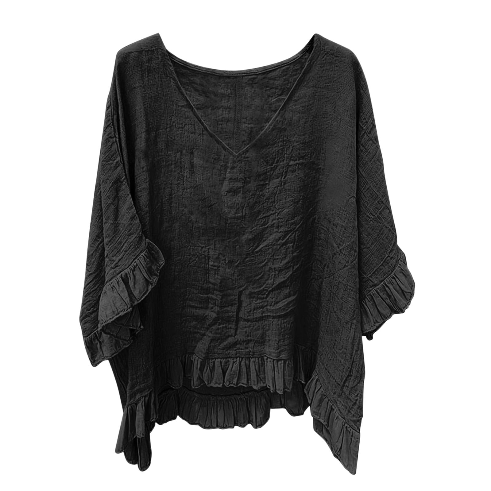 Aezemi 3/4 Sleeve V Neck Tees Women, Ruffle Hem Cuff Loose Fit Casual ...