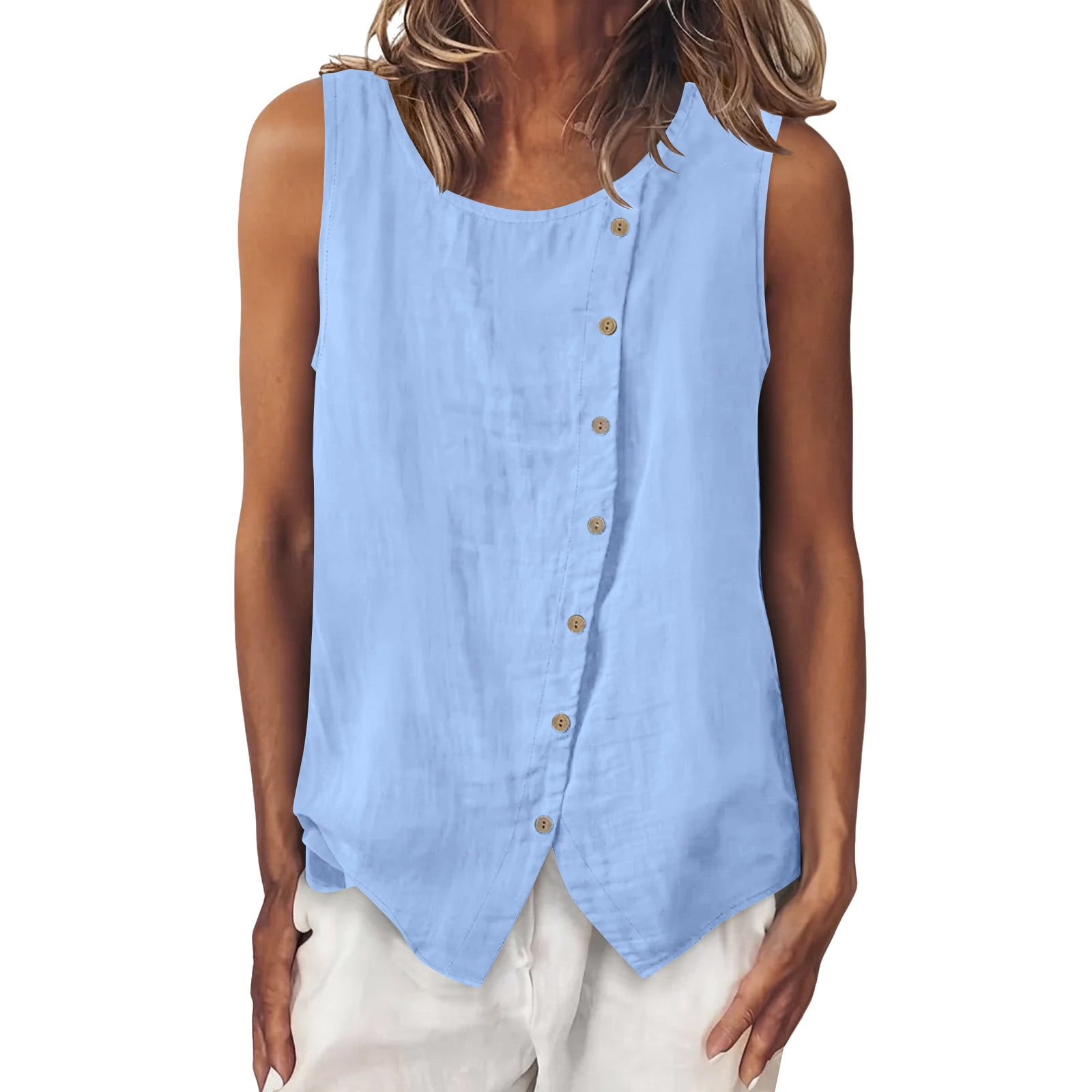 Aezemi Cotton Linen Beach Tanks Women, Button Lightweight Loose Fit ...