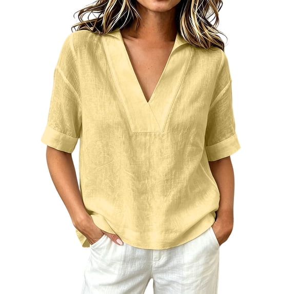 Aezemi Cotton Linen Shirts for Women, V Neck Collared Short Sleeve ...