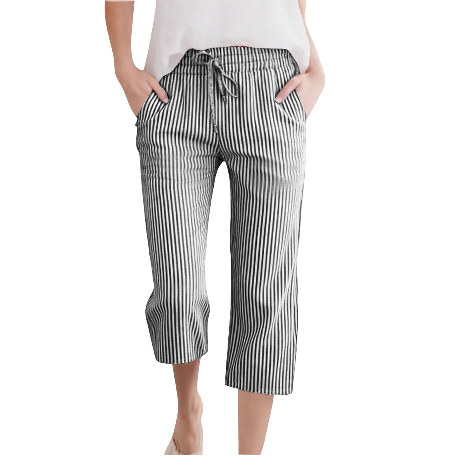 Aezemi Girls Cotton Linen Loose Capri Pants Striped Drawstring Elastic ...