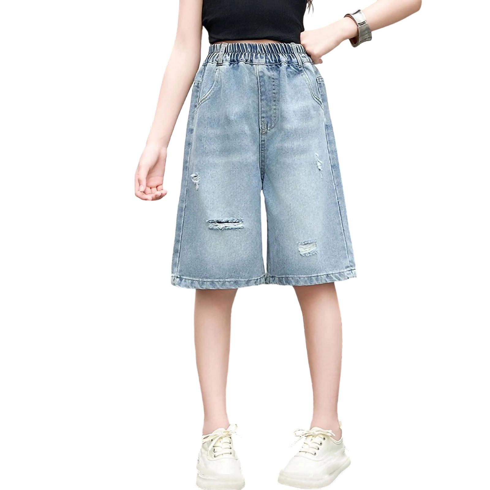 Aezemi Girls Distressed Denim Shorts, Kids Knee Length Bermuda Ripped ...