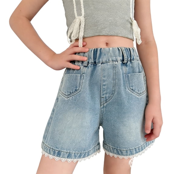 Aezemi Girls Lace Jean Shorts, Toddler Kids High Waisted Elastic Waist ...