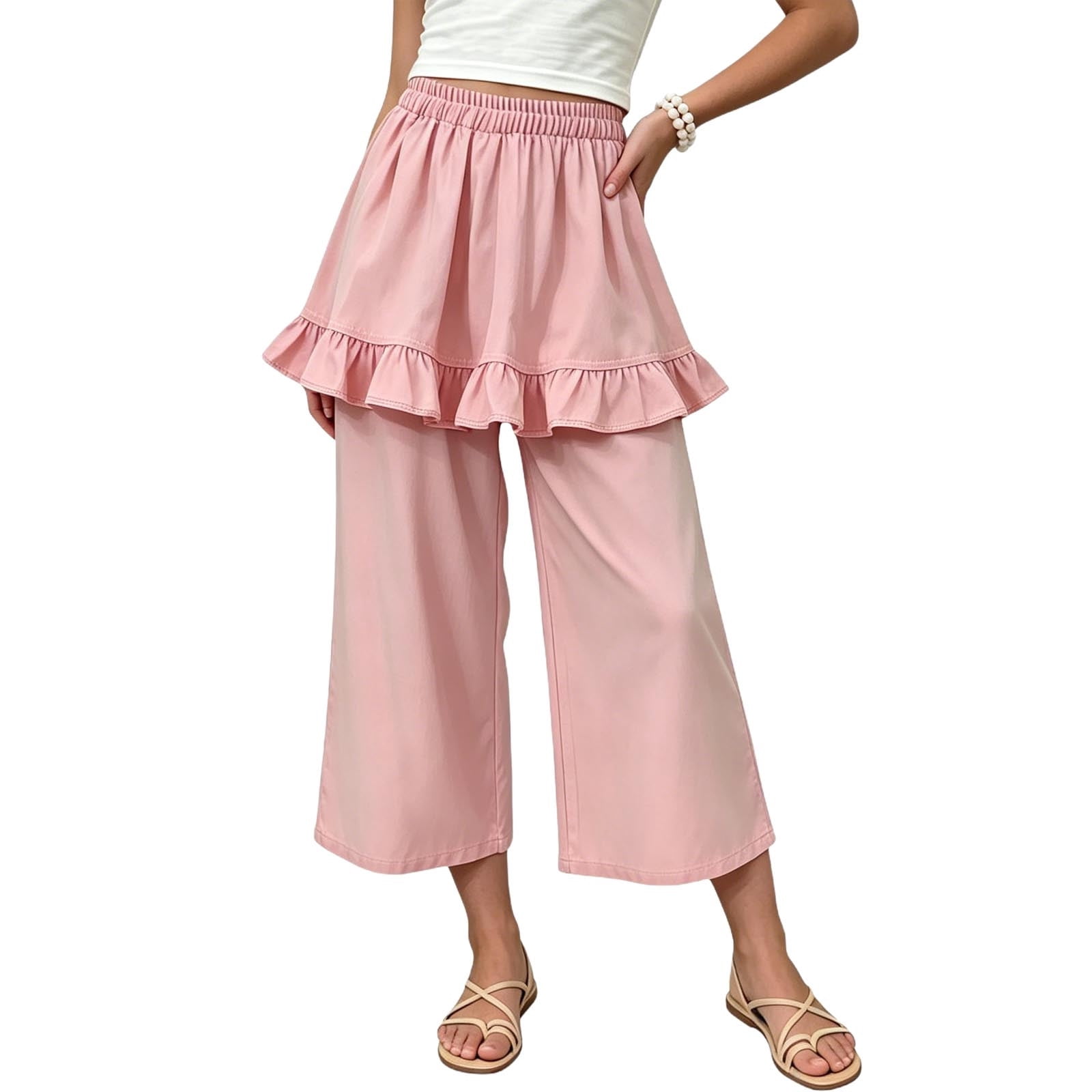 Aezemi Girls Ruffle Pants Cropped 2-in-1 Lightweight Palazzo Straight ...