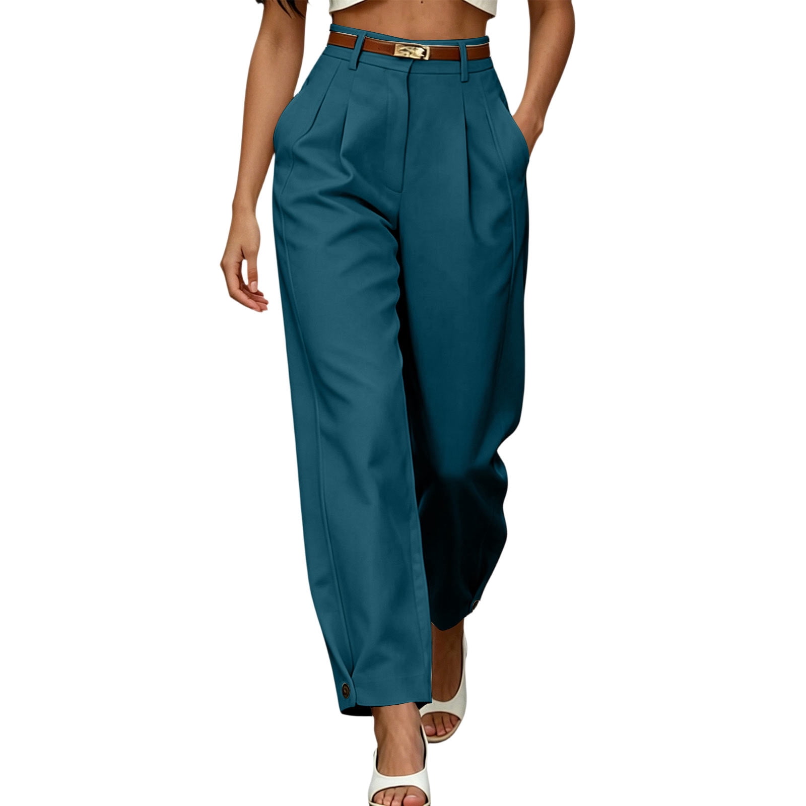 Aezemi Pleated Work Pants Women Office Stretchy Straight Leg Dress ...