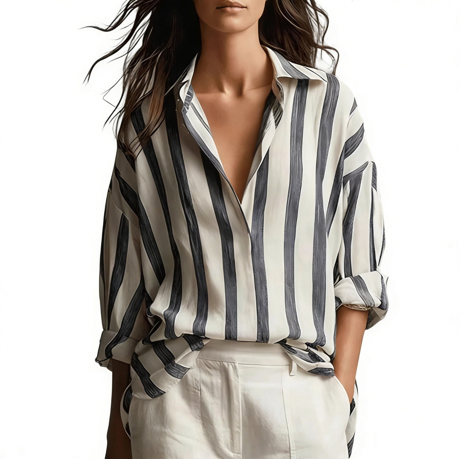Aezemi Striped Button Front Shirts for Women, Collared Loose Fit Dress ...