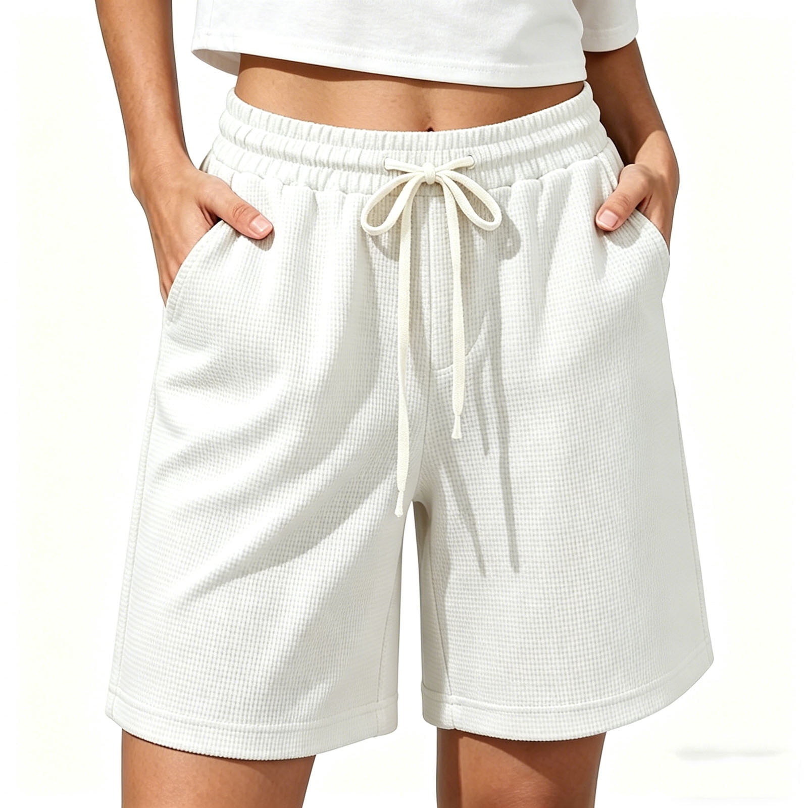 Aezemi Waffle Bermuda Short Women, Pull on Elastic Waist Loose Knee ...