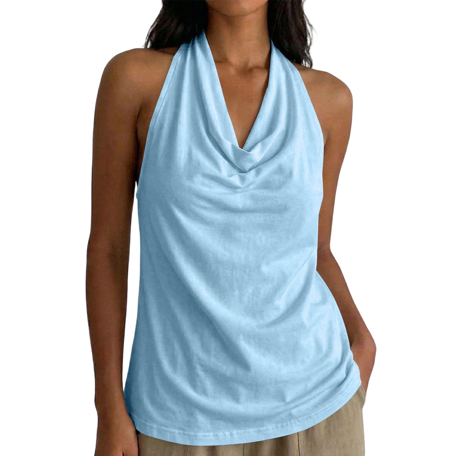 Aezemi Women Backless Halter Neck Tanks, Cowl Neck Ruched Open Back ...
