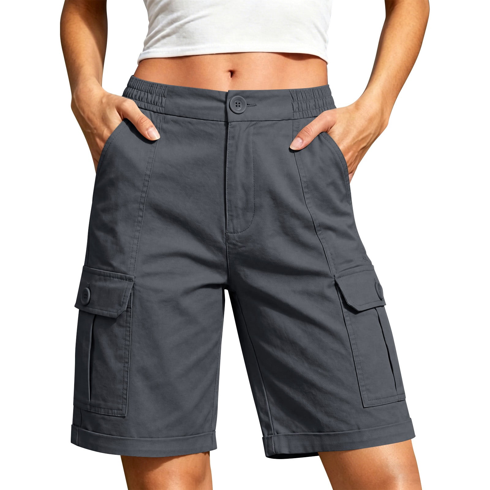 Aezemi Women Bermuda Cargo Shorts - Elastic Waist Cuffed Hem Knee ...