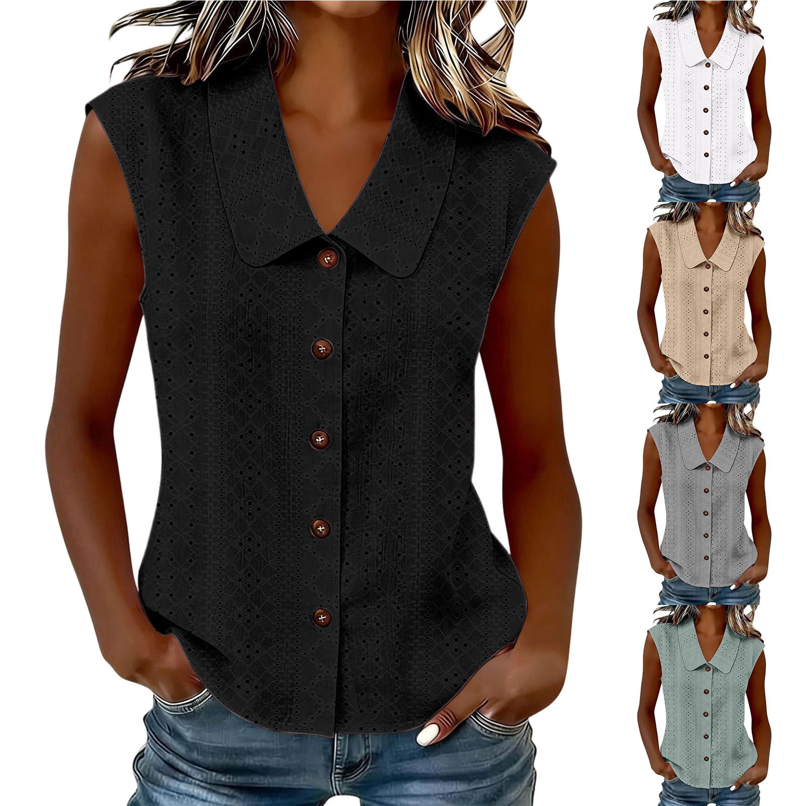 Aezemi Women Breathable Collared Shirts, Eyelet V Neck Sleeveless Tank ...