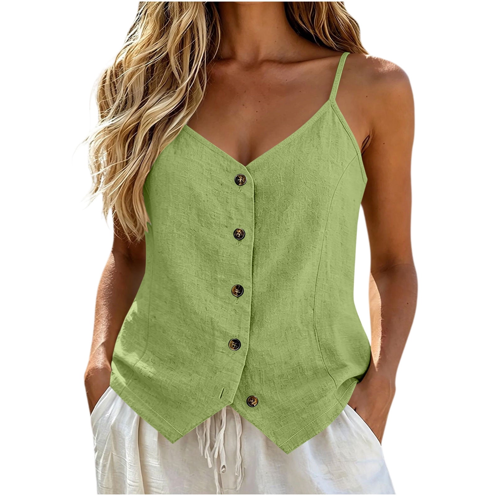 Aezemi Women Button down Camisole Tops, V Neck Cotton Linen Adjustable ...