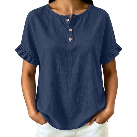 Aezemi Women Button Front Shirts Ruffle Short Sleeve Cotton Linen Tops ...