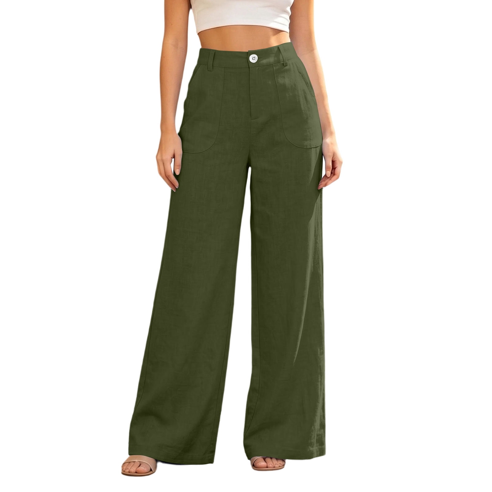 Aezemi Women Button High Waisted Work Pants, Wide Leg Lightweight ...