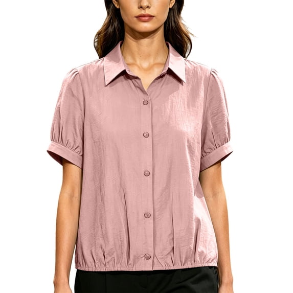 Aezemi Women Button down Blouses, Collared Ruffle Short Sleeve Ruched ...