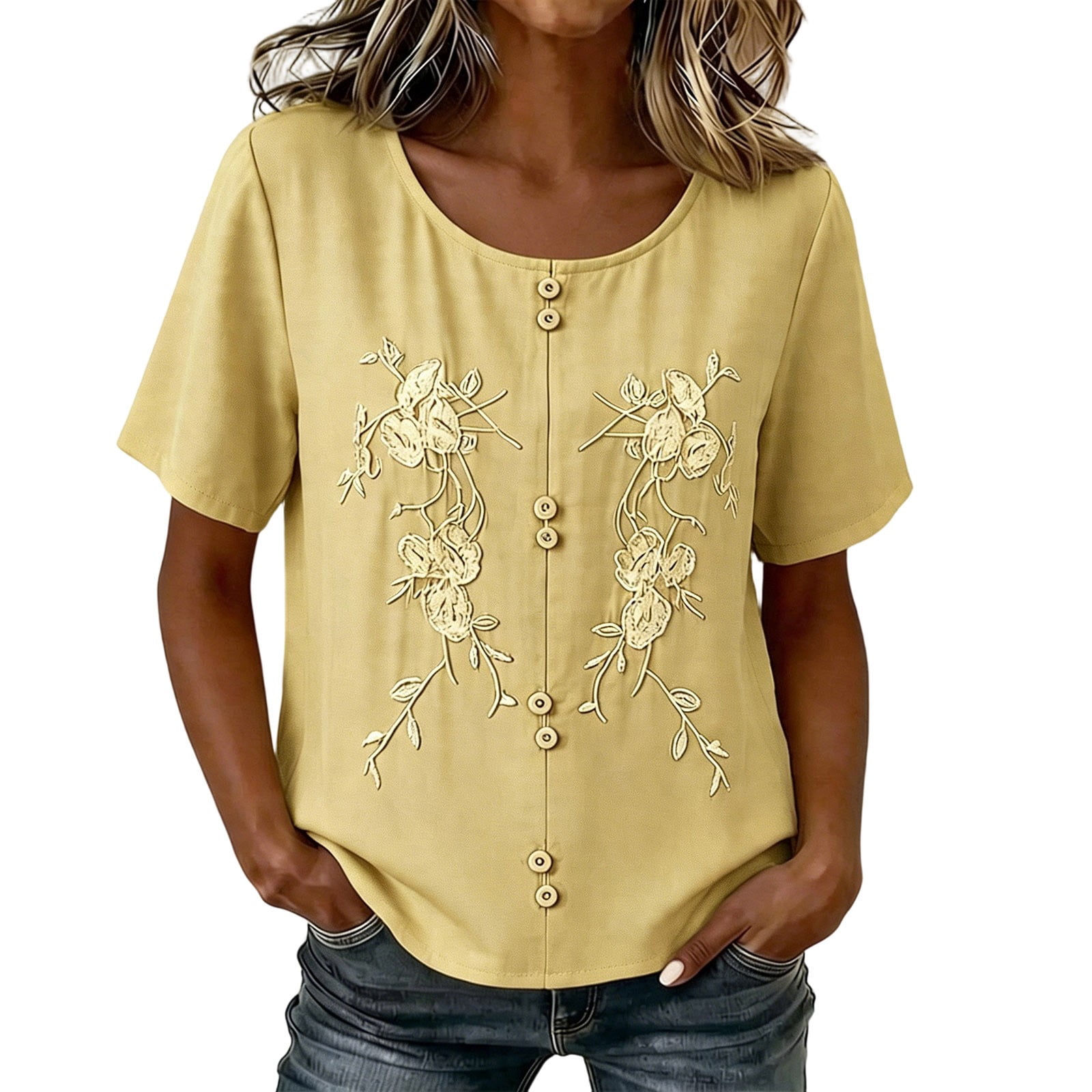Aezemi Women Button down Shirts, Lightweight Embroidered Crew Neck ...