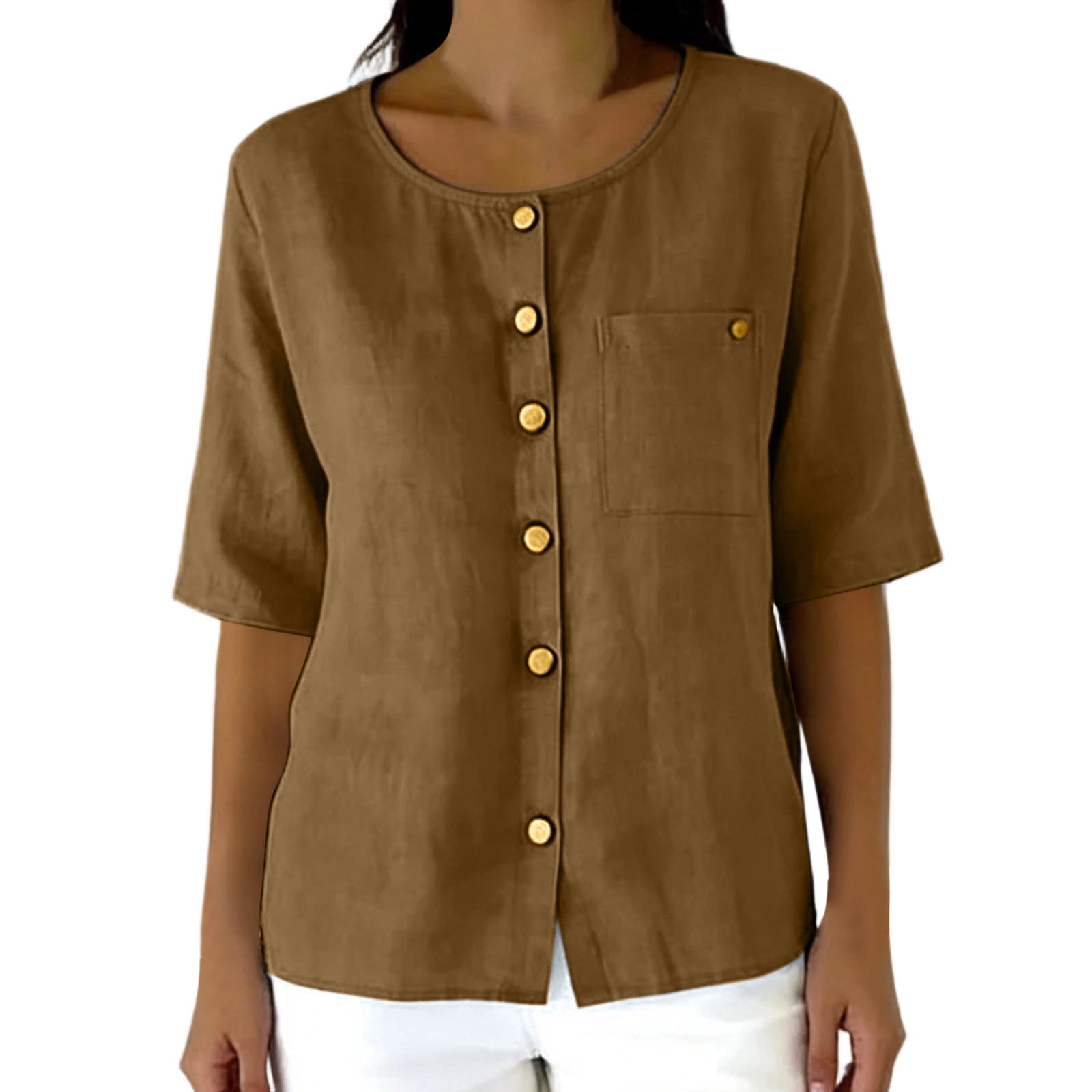 Aezemi Women Button down Tops with Pocket Round Neck Elbow-Length Short ...