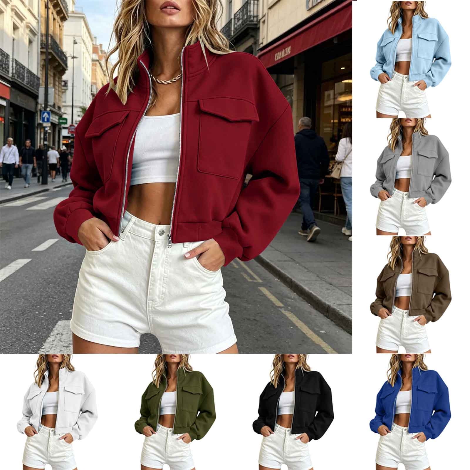 Aezemi Women Crop Full Zip Jacket Collared Zip up Fashion Cropped ...