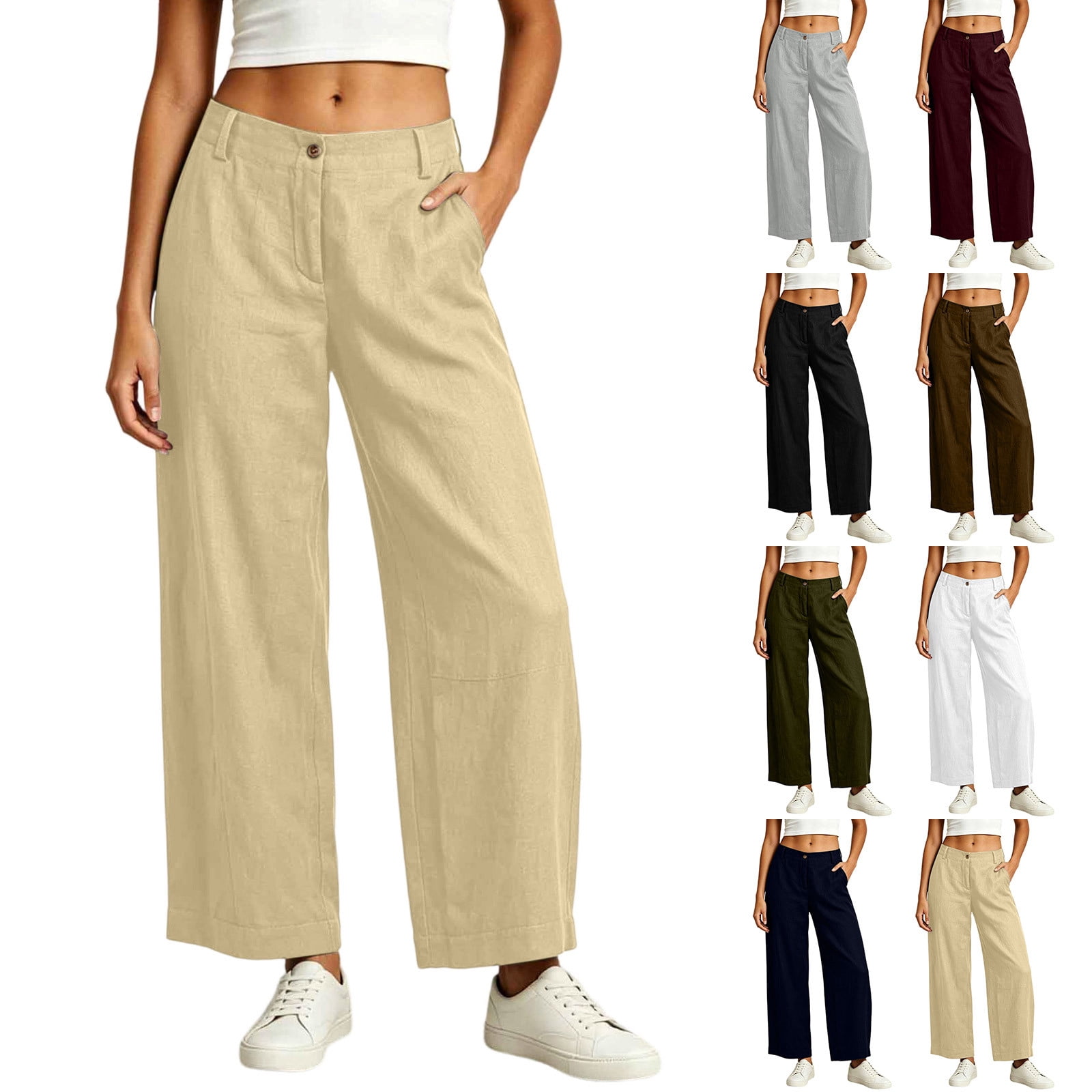 Aezemi Women Faux Cotton Linen Pants Wide Leg Button Elastic Waist ...