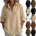 Aezemi Women Half Button Shirts Long Sleeve Faux Linen Cotton Collared ...