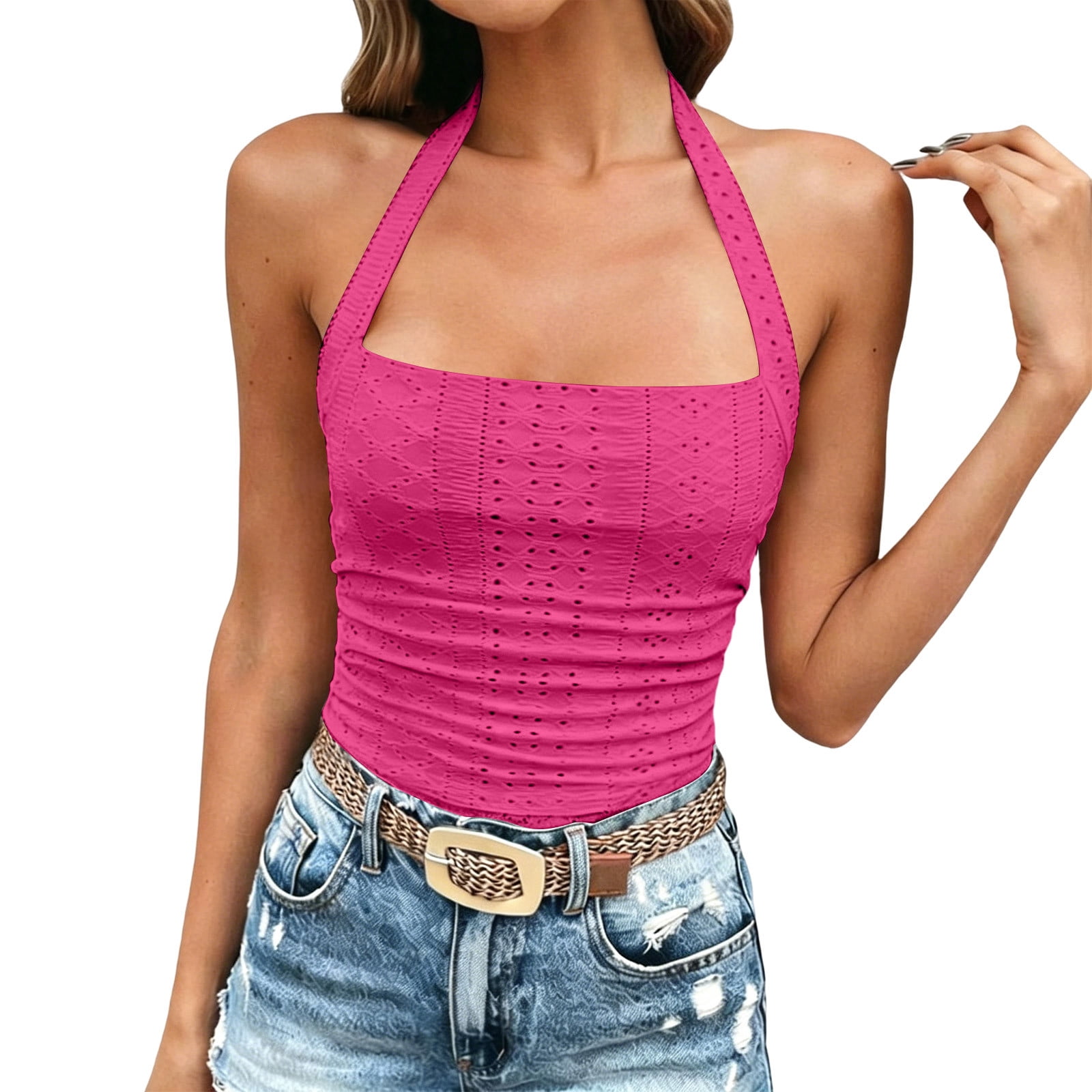 Aezemi Women Halter Backless Tank Tops, Slim Fit Tie Sleeveless Open ...