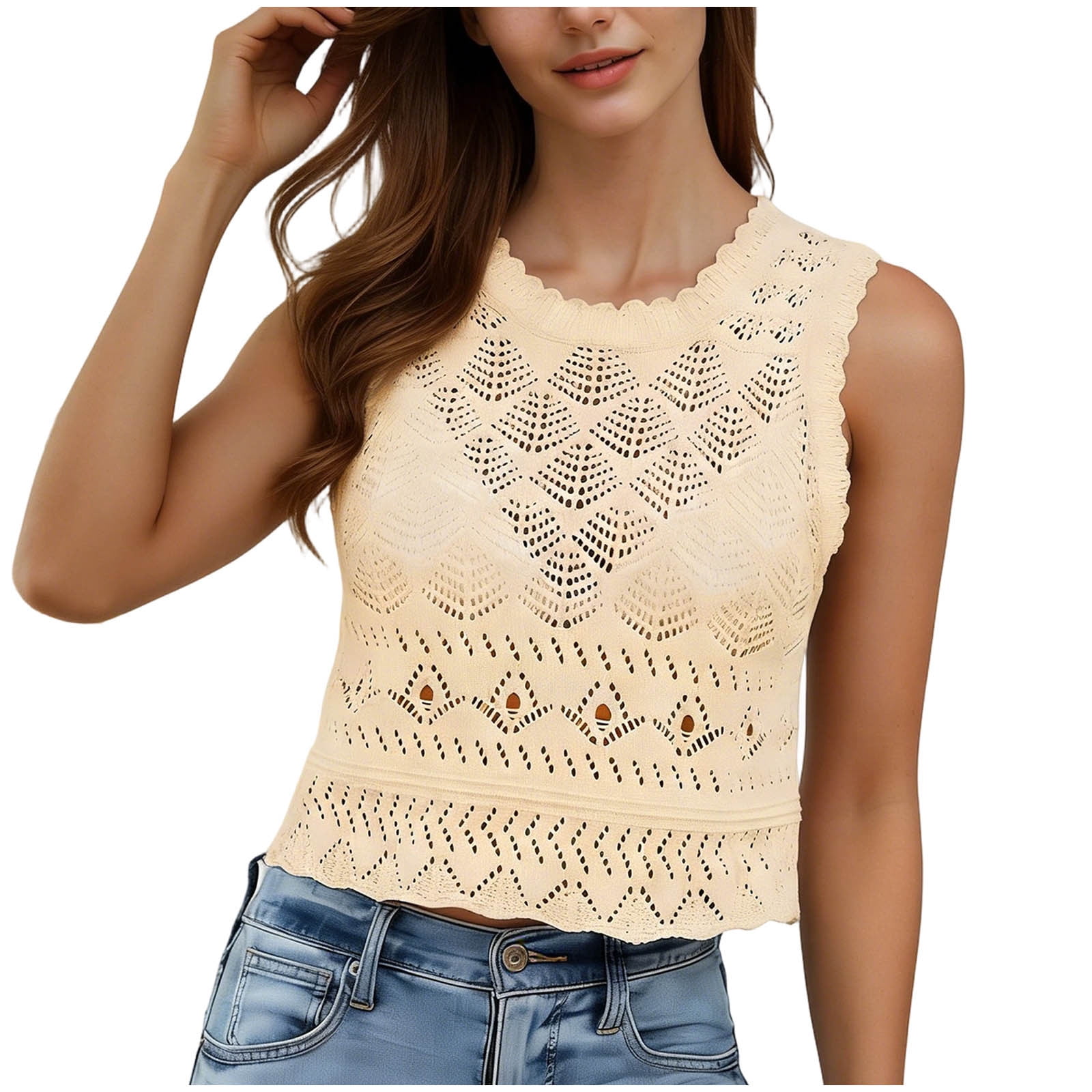 Aezemi Women Hollow out Tank Tops, Beach Crochet Cover Pullover Shirts ...