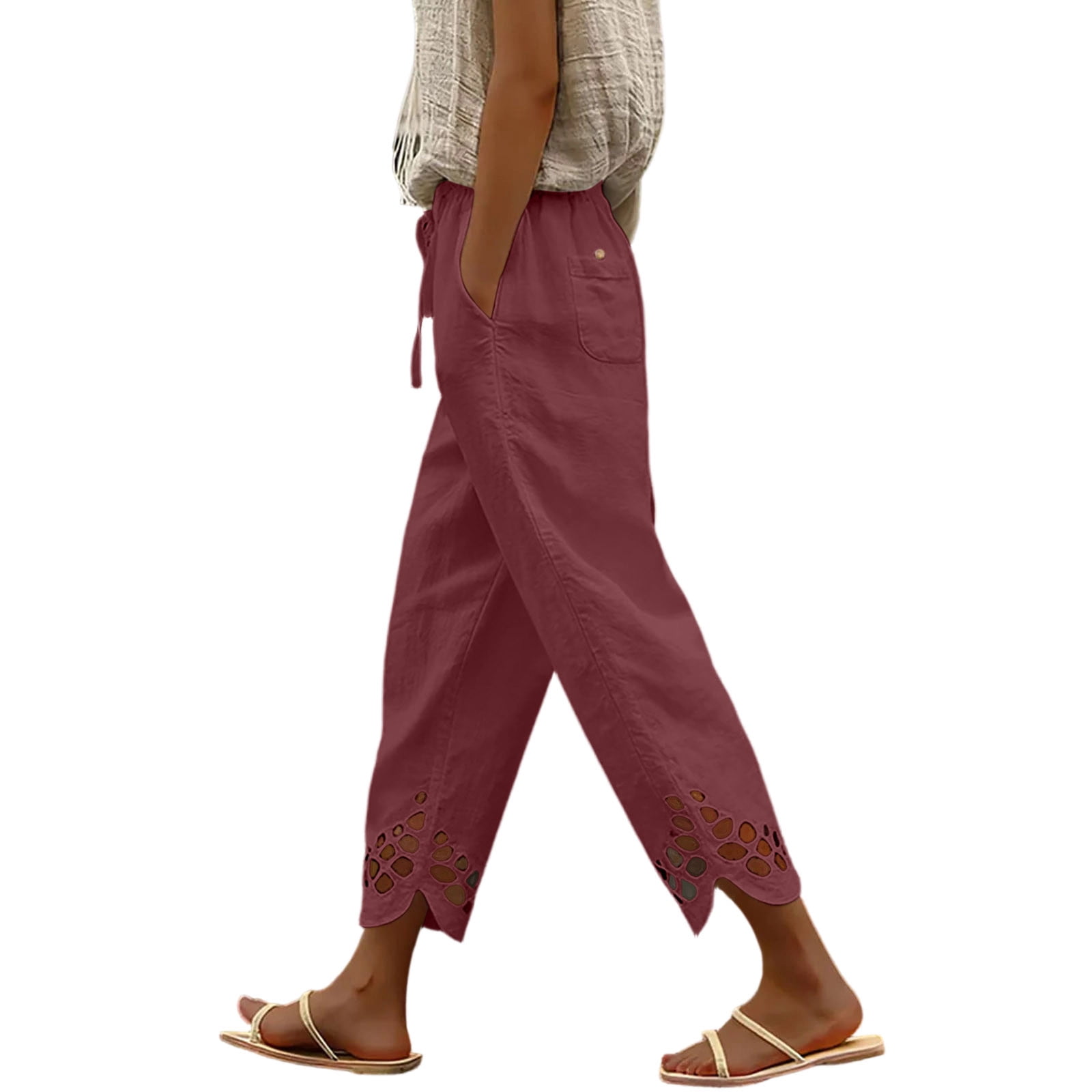 Aezemi Women Lace Drawstring Pants Cropped Elastic Waist Linen Cotton ...