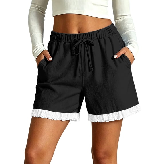 Aezemi Women Lace Hem Shorts, Drawstring Wide Leg Elastic Waist Shorts ...